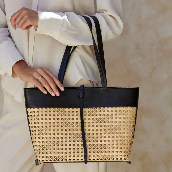 Rattan Cane Weave Tote with Black Leather Trim – Dandy Lions Gifts